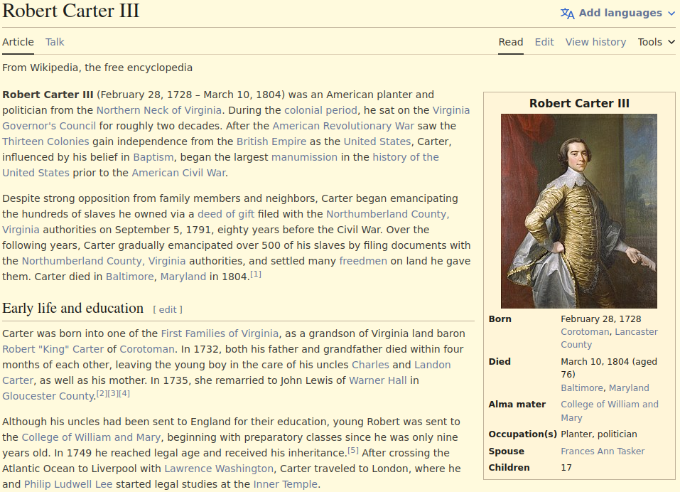 More depth on Robert Carter III » Joshua Spodek